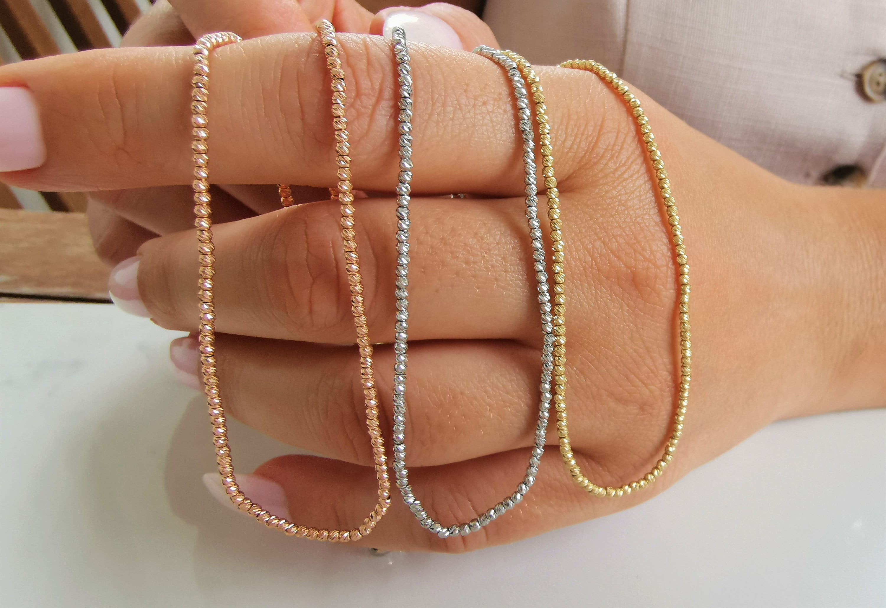 14K Solid Gold Yellow White Rose Ball Chain Necklace, 2mm Gold Sparkle ...