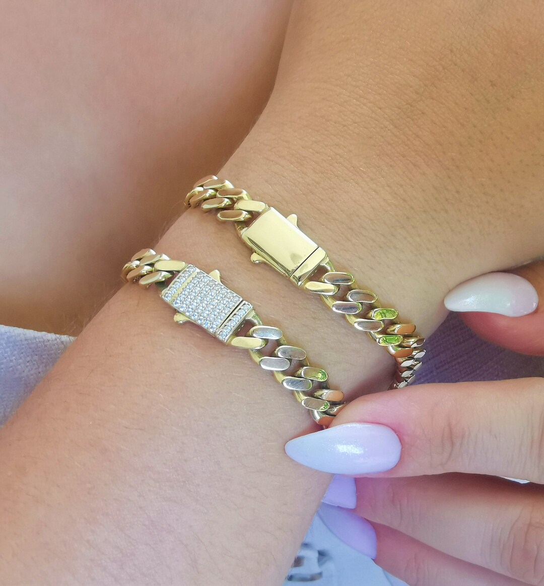 14K Semi Solid Gold Cuban Link Bracelet, Lock Box Clasp Chain, Unisex ...