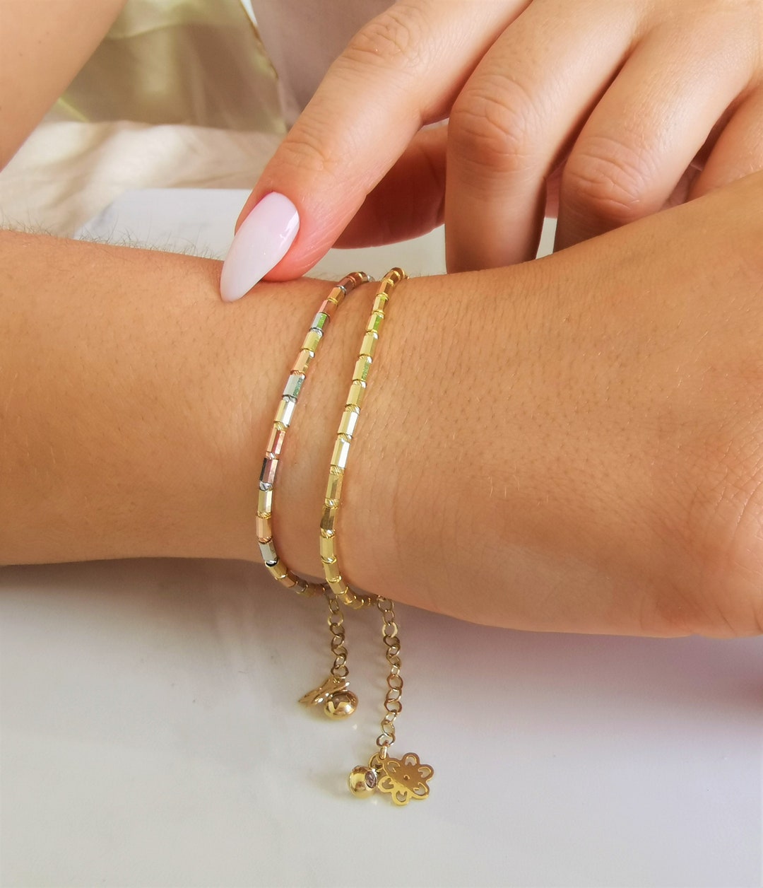 14K Solid Gold Yellow and Multi Color Chain Bracelet, 2.5mm Sparkle ...