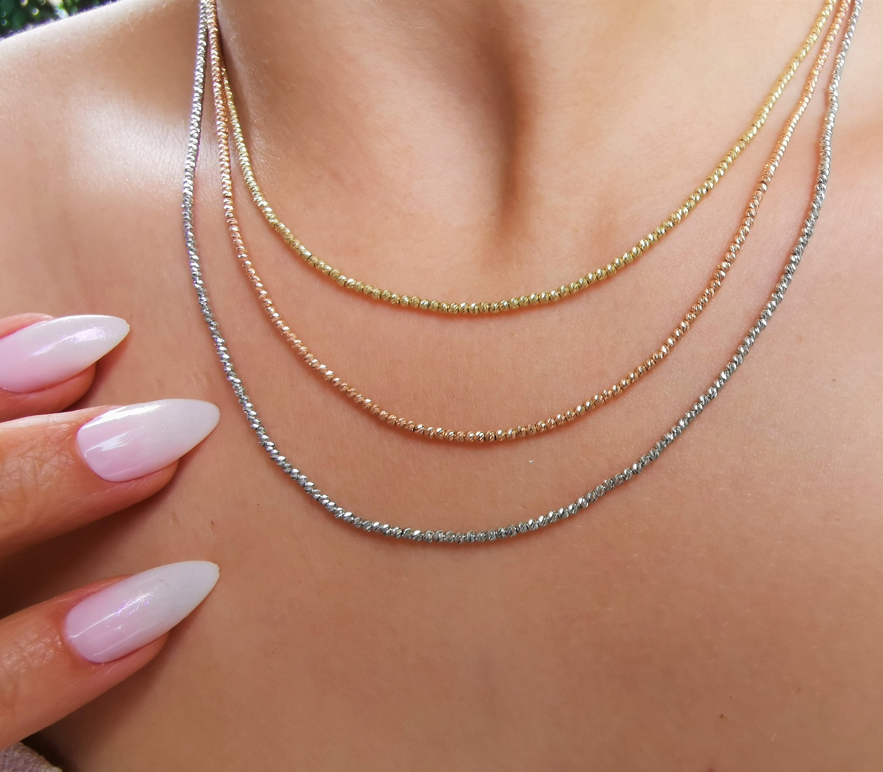 14K Solid Gold Yellow White Rose Ball Chain Necklace, 2mm Gold Sparkle ...