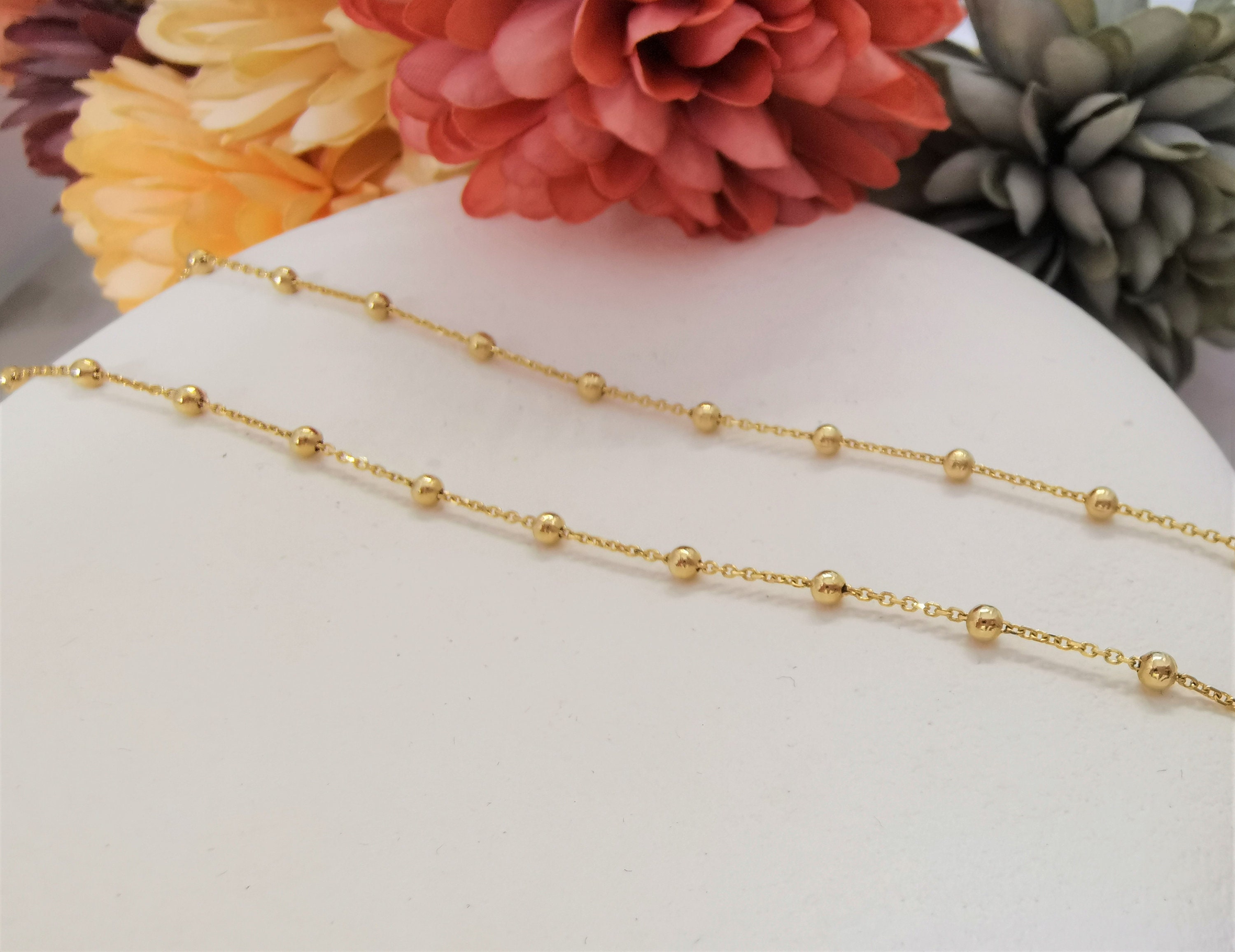14K Solid Gold Ball Bead Chain Necklace, Solid Gold Ball Choker, Cable ...