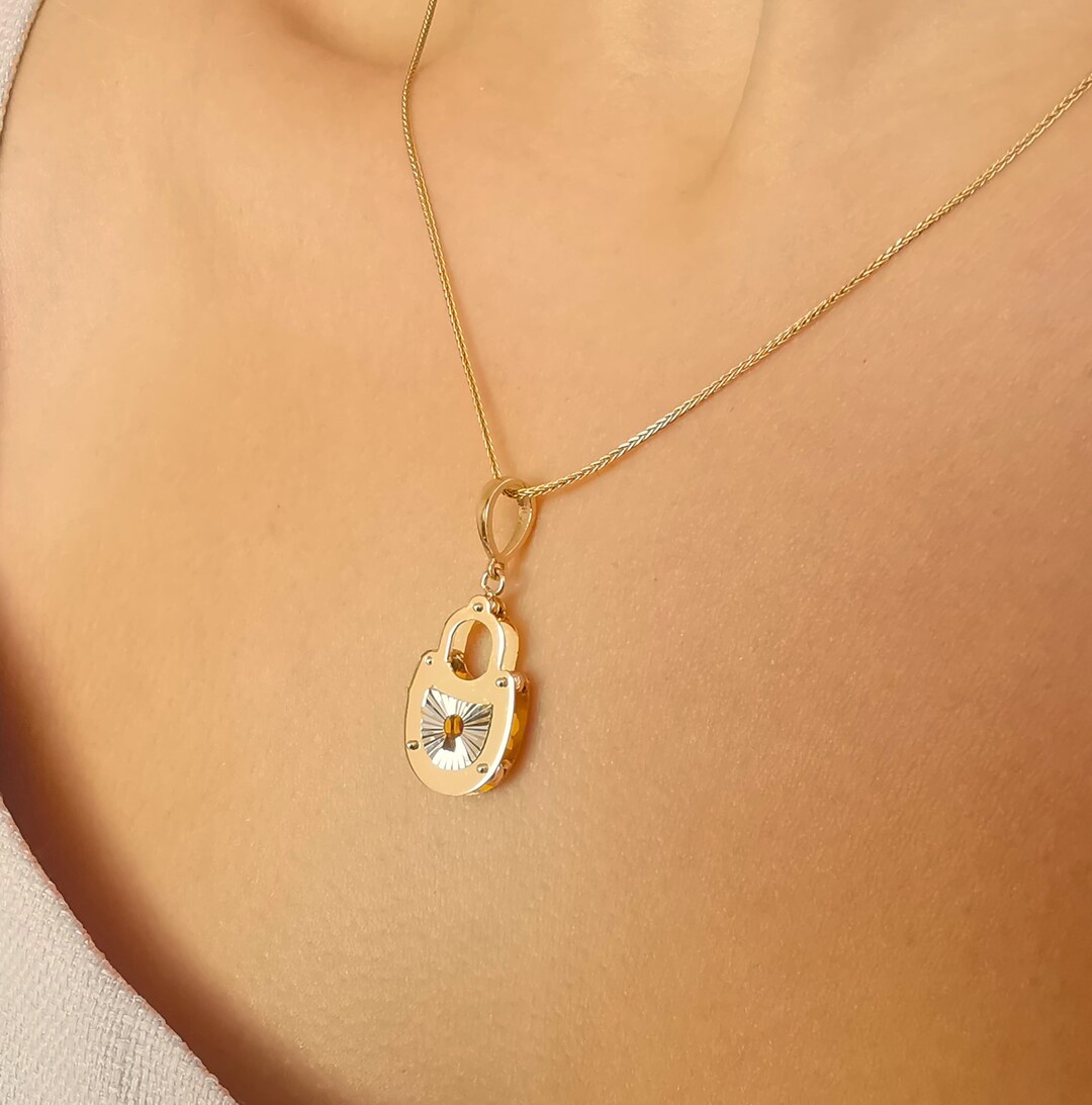 14K Solid Gold Lock Initial Pendant, Initial Padlock Necklace ...