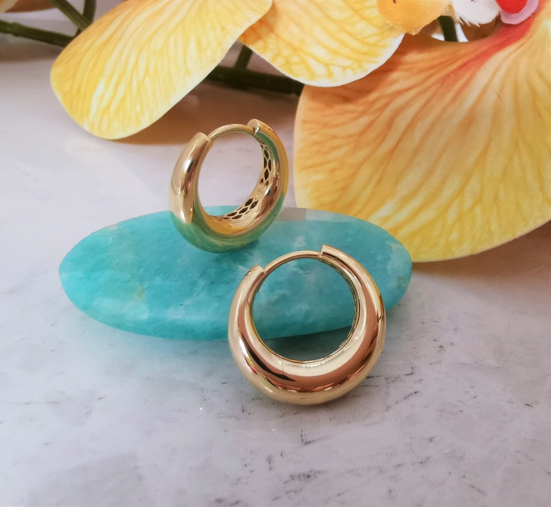 14K Semi Solid Gold Crescent Hinged Huggie Hoop Earrings, Elegant ...