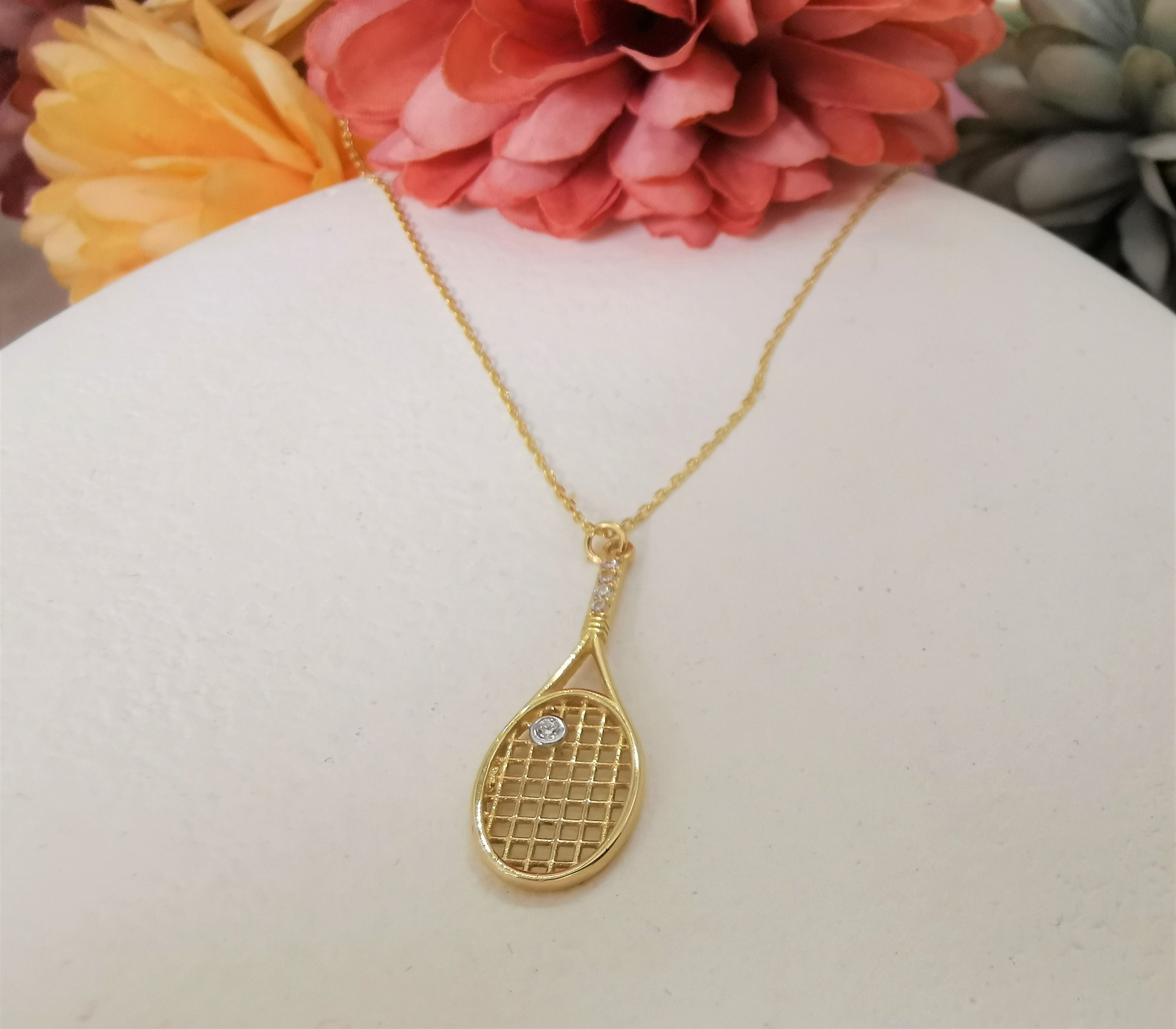 14K Solid Gold Tennis Racquet Necklace, Tennis Racket Necklace With CZ ...