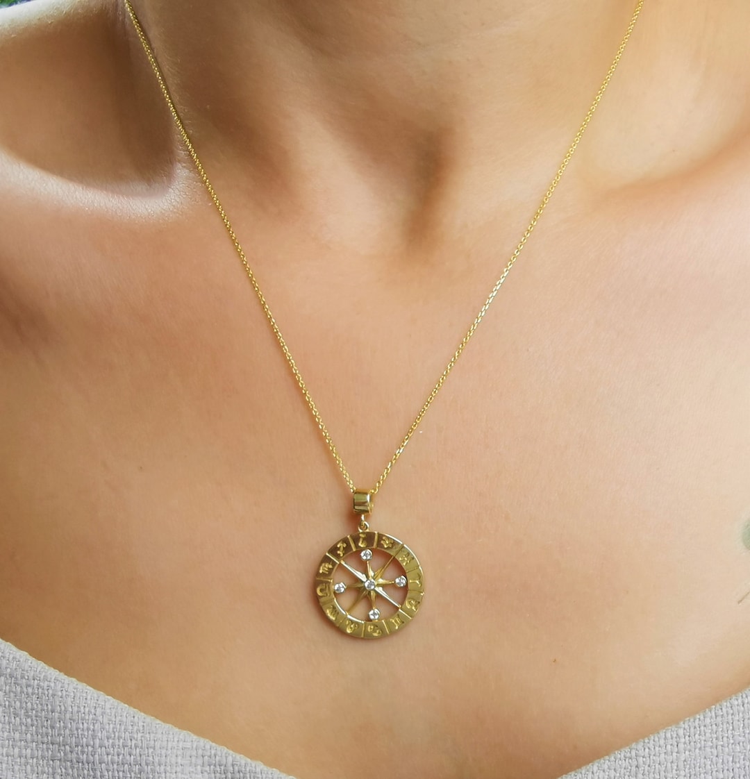 14K Solid Gold Zodiac Necklace, Gold Astrology Map Necklace, Astrology ...