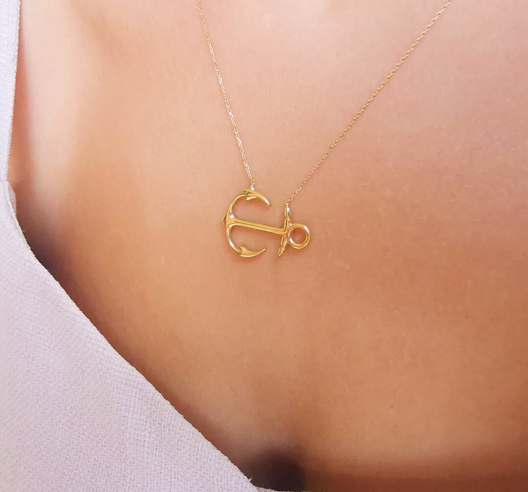 14K Solid Gold Anchor Necklace, Anchor Boating Chain, Nautical Jewelry ...