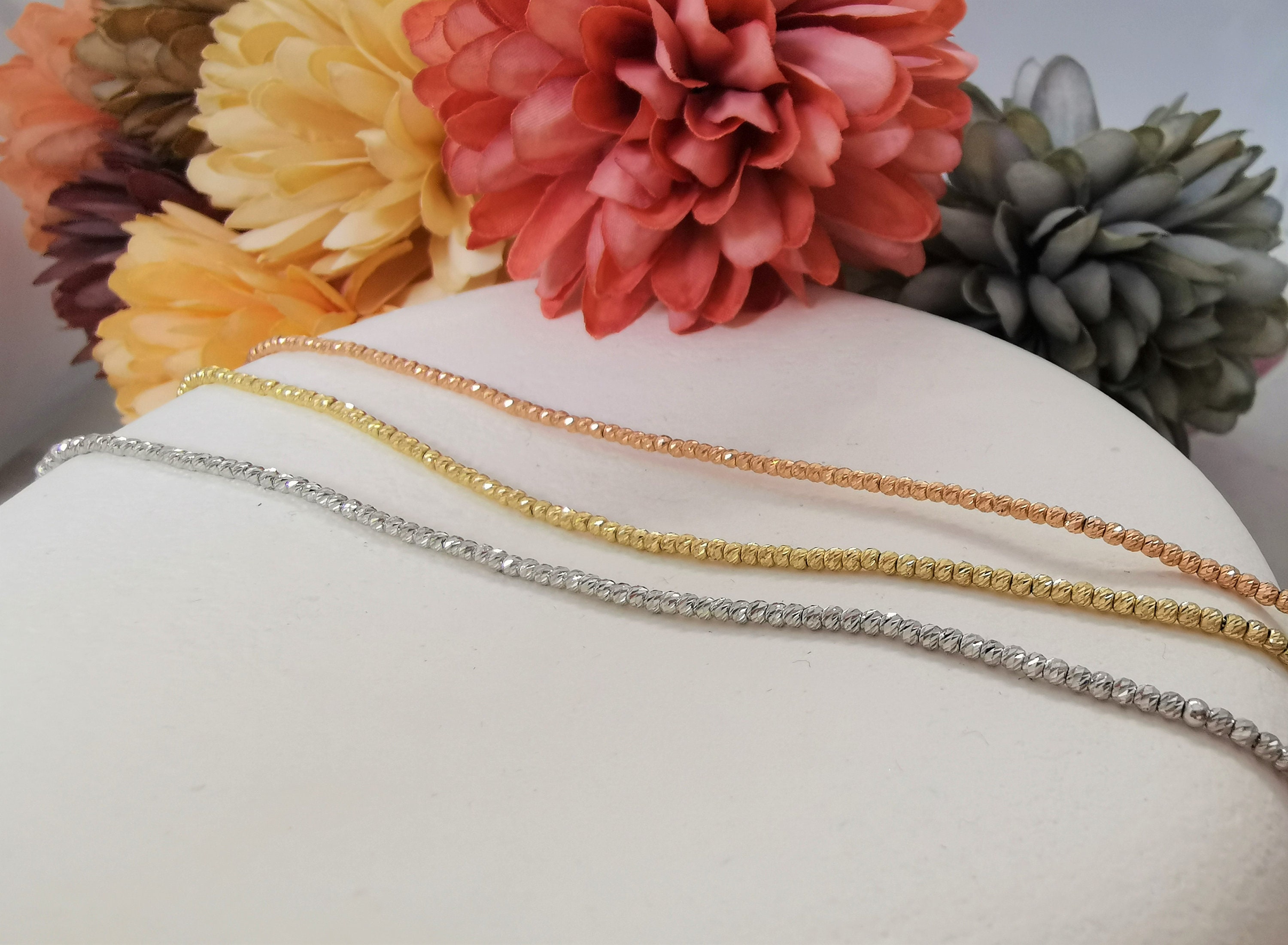 14K Solid Gold Yellow White Rose Ball Chain Necklace, 2mm Gold Sparkle ...