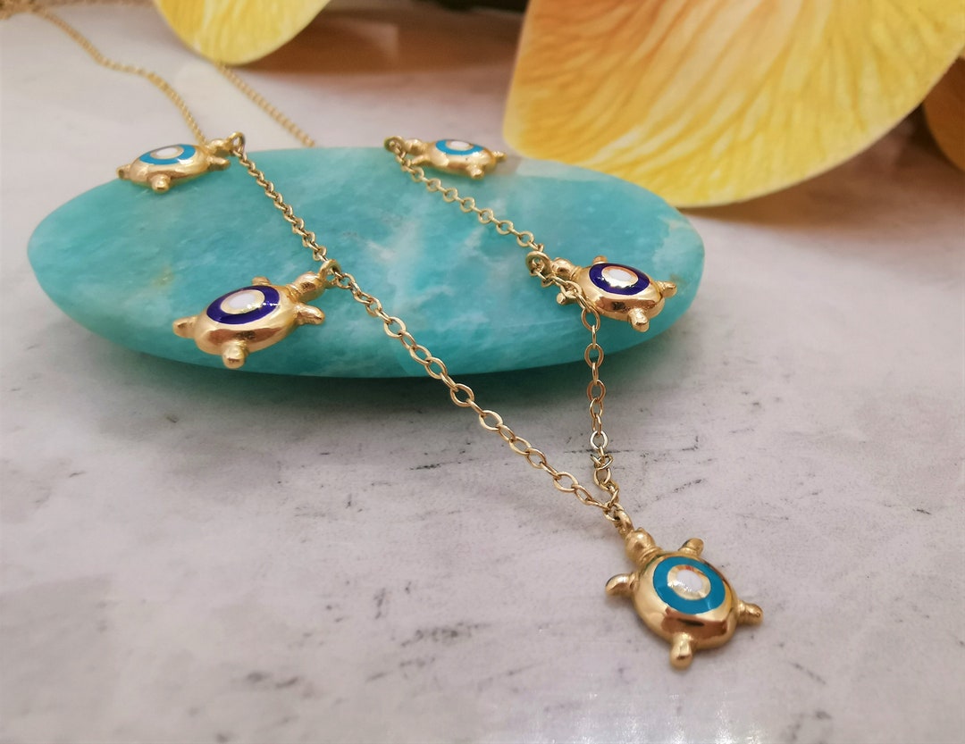 14K Solid Gold Enamel Tiny Turtle Necklace, Sea Turtle Gold Necklace ...