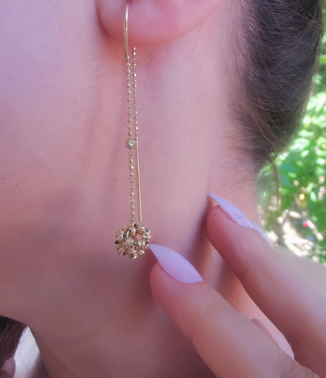 14K Solid Gold Long Threader Earrings, Gold Dorika Ball Threader ...