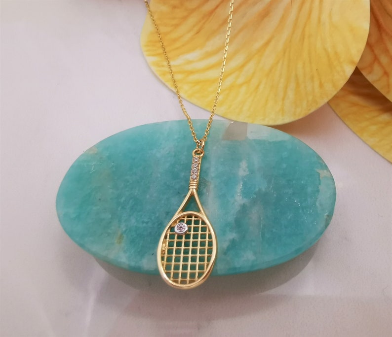 14K Solid Gold Tennis Racquet Necklace, Tennis Racket Necklace With CZ ...