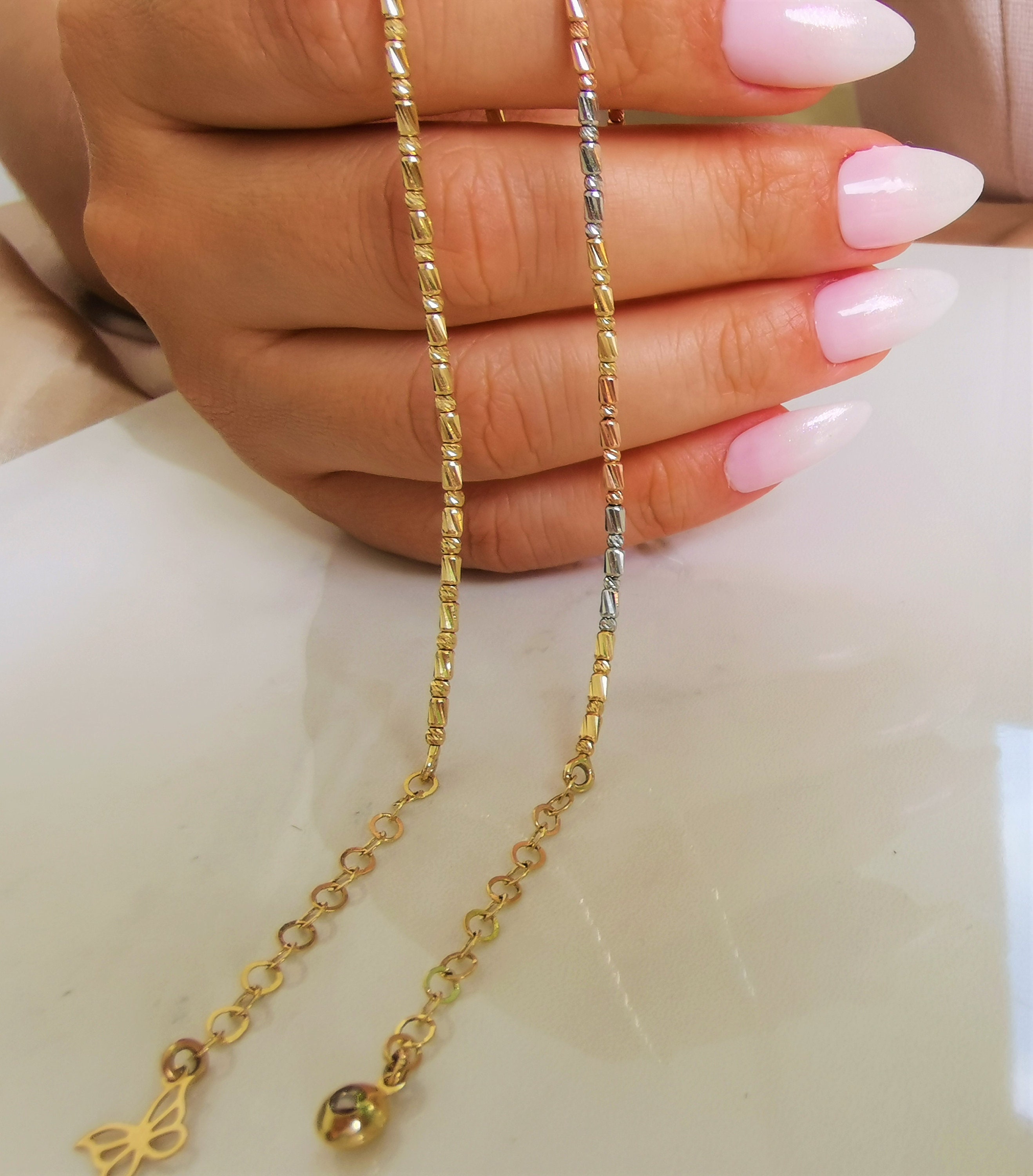 14K Solid Gold Yellow and Multi Color Chain Bracelet, 2mm Gold Sparkle ...