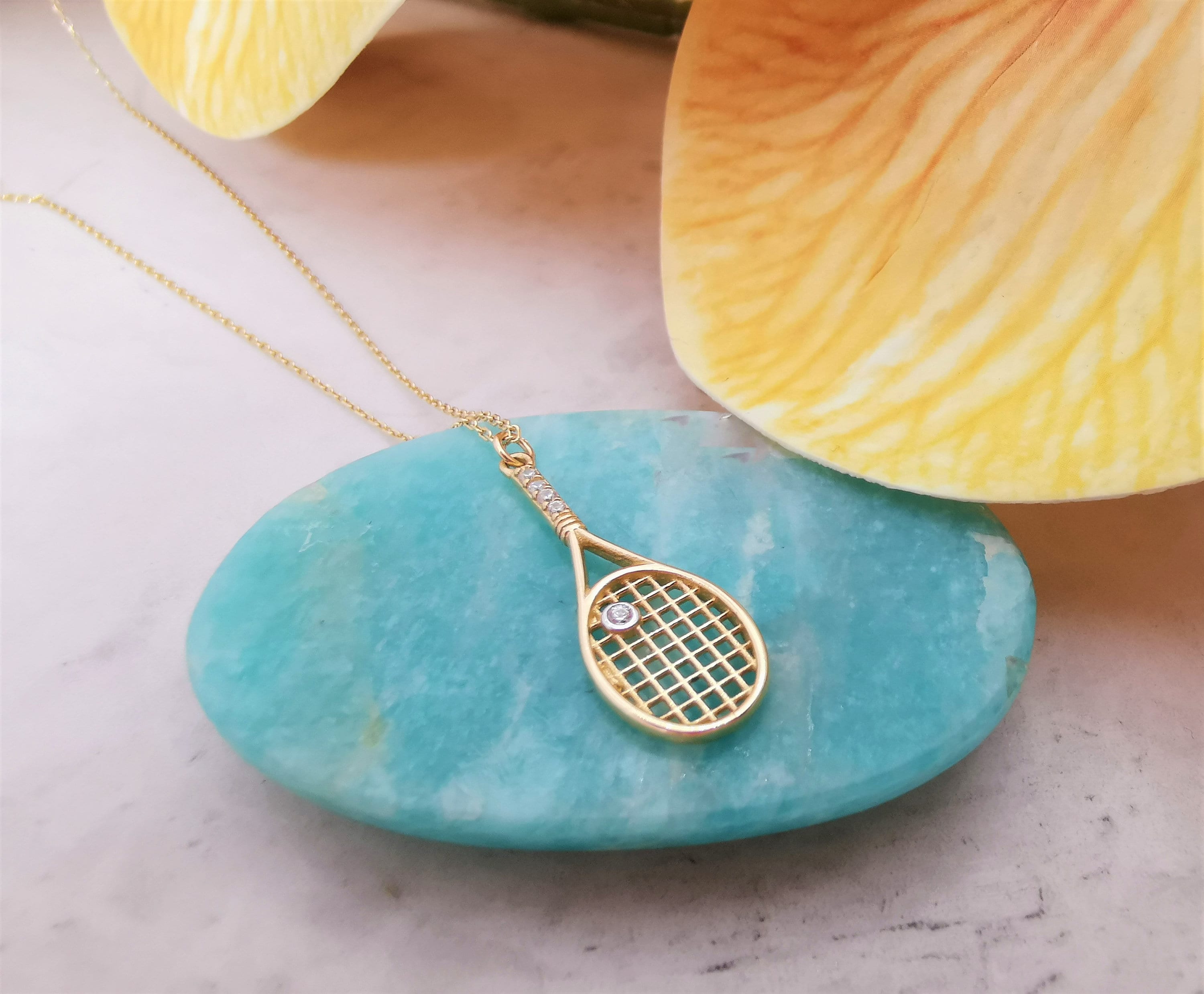14K Solid Gold Tennis Racquet Necklace, Tennis Racket Necklace With CZ ...