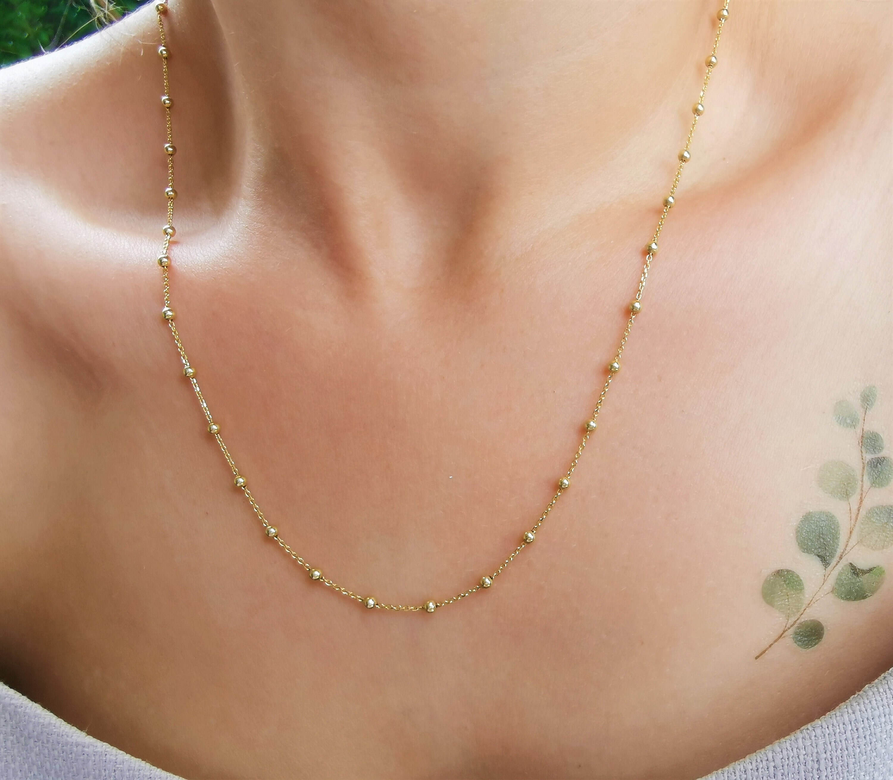 14K Solid Gold Ball Bead Chain Necklace, Solid Gold Ball Choker, Cable ...