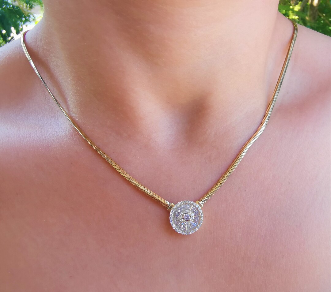 14K Solid Gold Snake Chain Necklace With Baguette CZ, Charming Snake ...