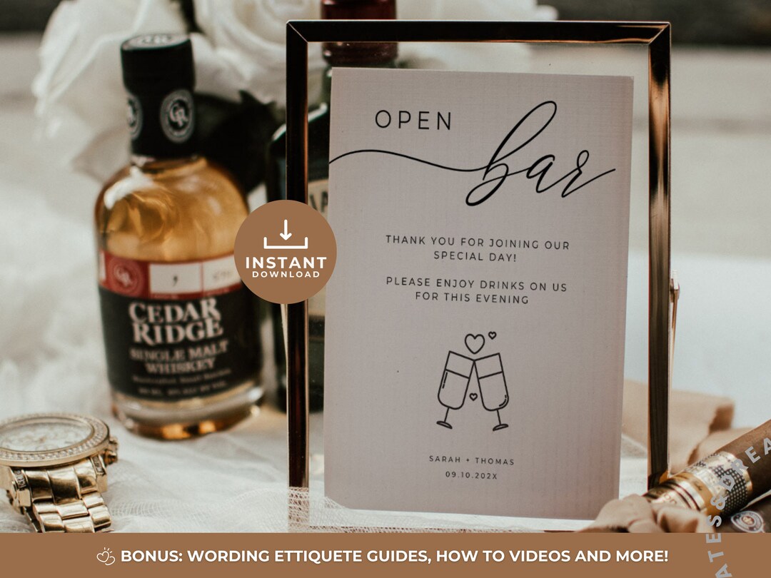 Bar Signs for Wedding Downloadable, Minimalist Open Bar Sign Wedding ...