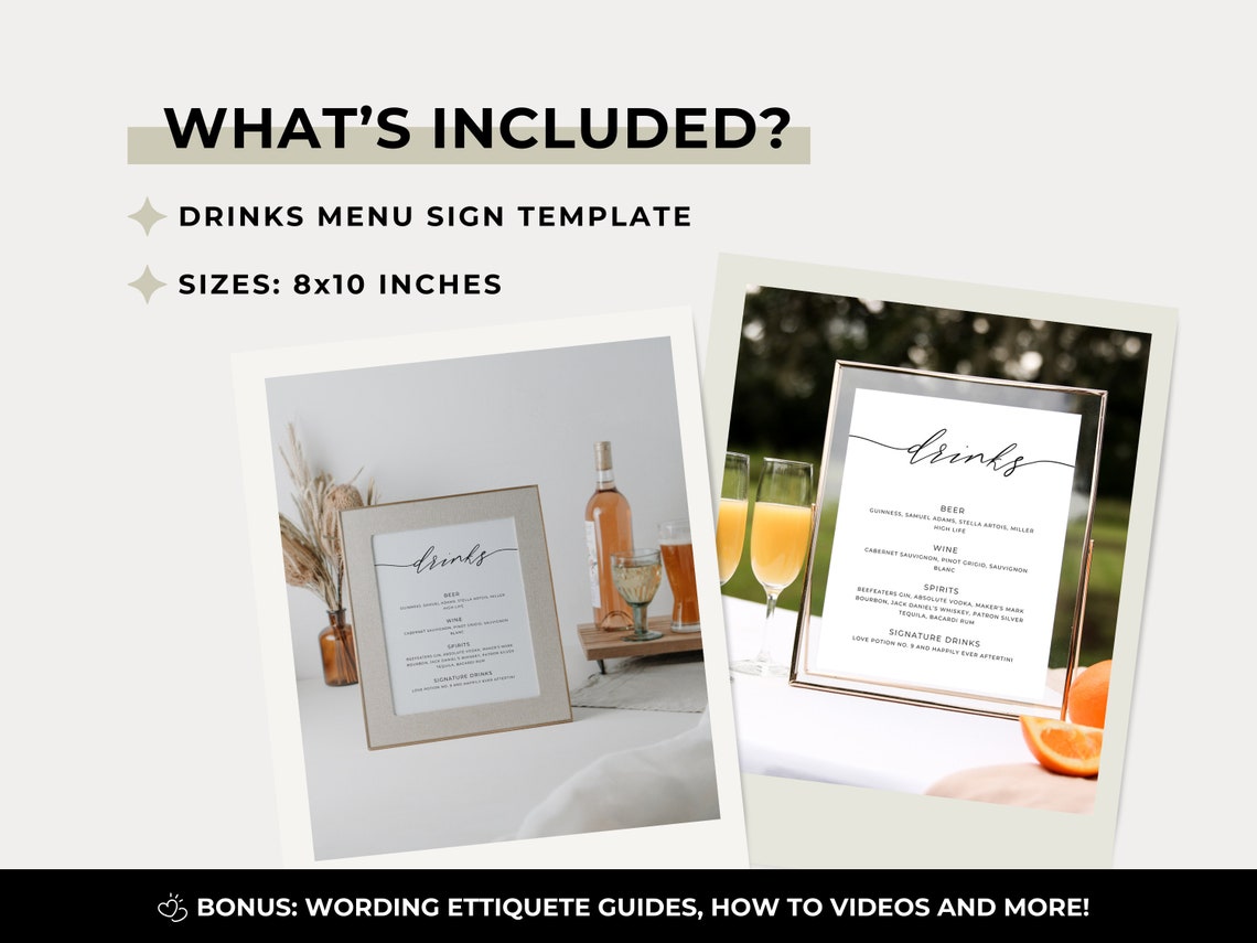 Wedding Reception Drink Menu Bar Template Canva Minimalist - Etsy
