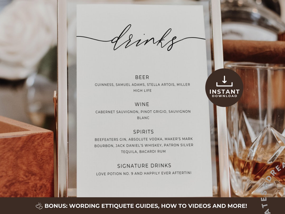 Wedding Reception Drink Menu, Bar Template Canva, Minimalist Modern ...