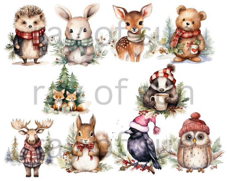 Woodland Christmas Clip Art, Watercolor PNG, Holiday Clip Art ...
