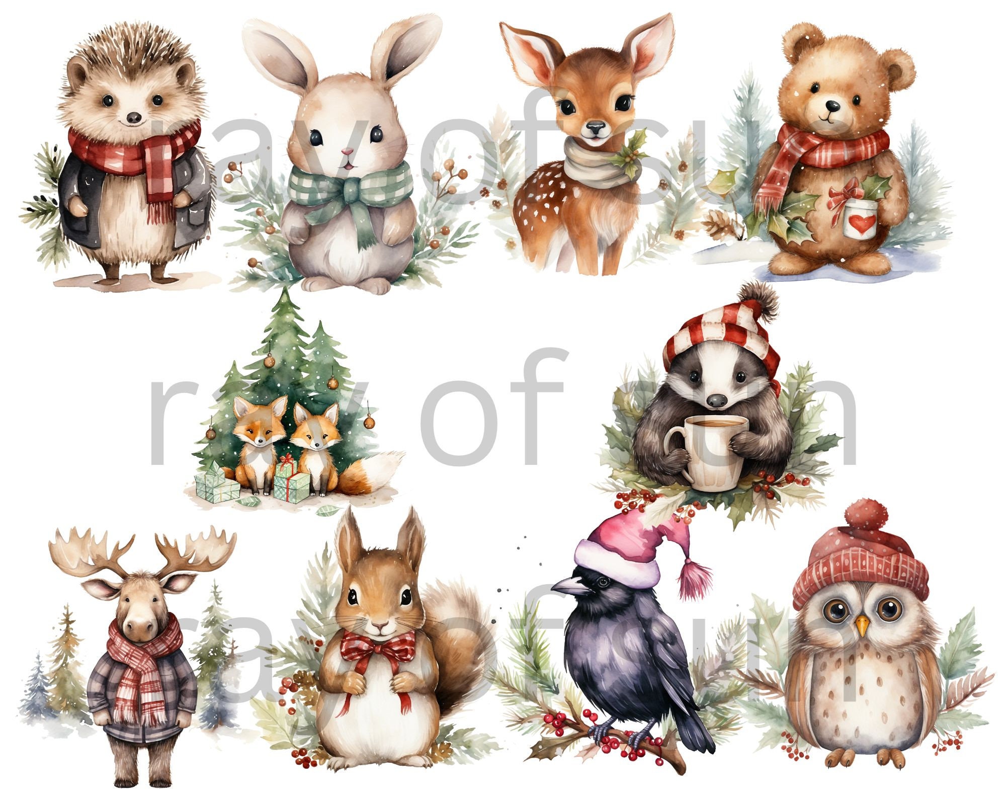 Woodland Christmas Clip Art, Watercolor PNG, Holiday Clip Art ...