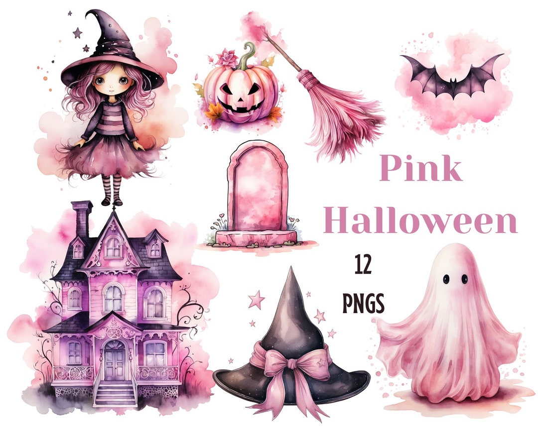 Pink Halloween Watercolor Clip Art, Halloween PNG, Cute Halloween Clip ...