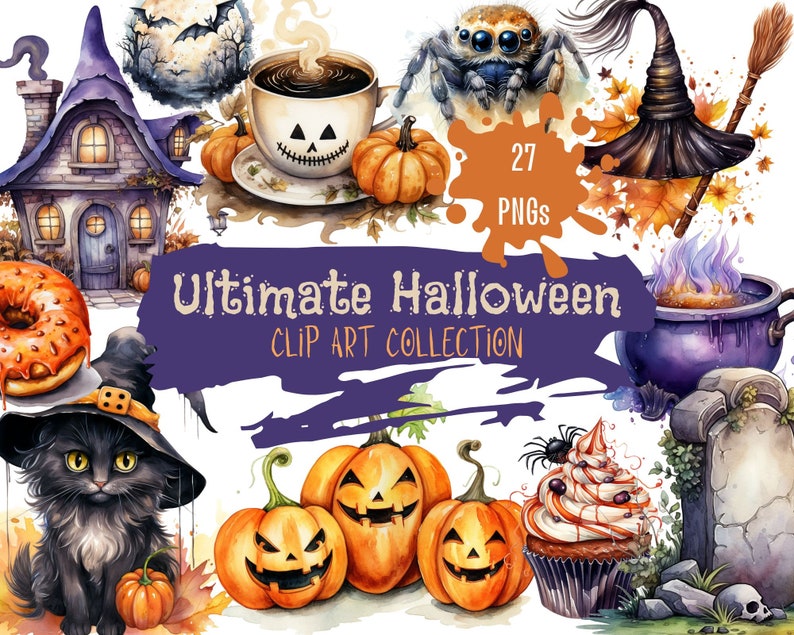 Halloween Watercolor Clip Art, Cute Halloween Clip Art, Halloween PNG ...