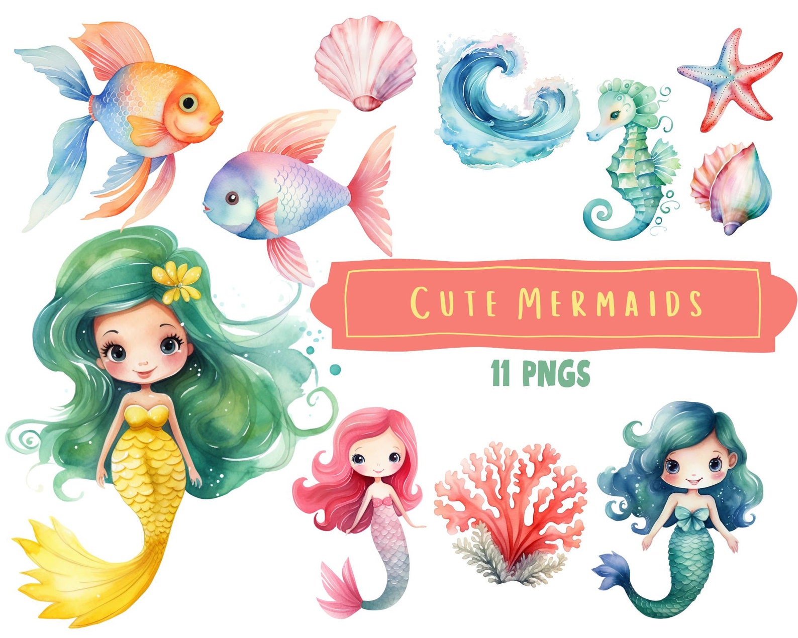 Watercolor Mermaid Clip Art, Cute Mermaid Clipart, Ocean Clip Art ...