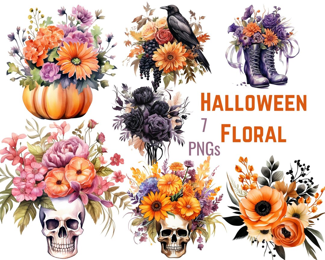 Halloween Floral Clip Art, Watercolor Halloween Clip Art, Halloween PNG ...