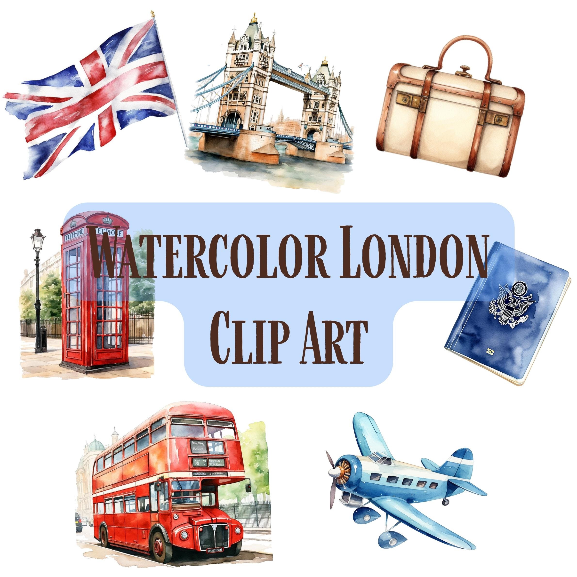 Cute London Travel Clip Art, Watercolor Clip Art, London PNG, Travel ...