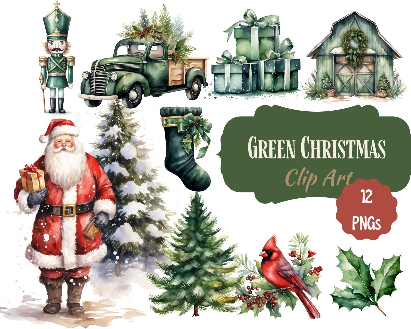 Green Christmas Clip Art, Watercolor Holiday Clip Art, Christmas PNG ...