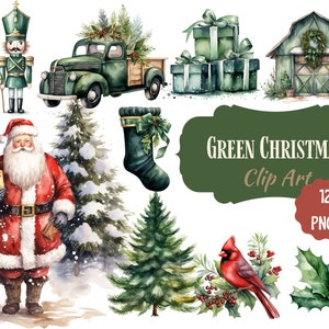 Green Christmas Clip Art, Watercolor Holiday Clip Art, Christmas PNG ...