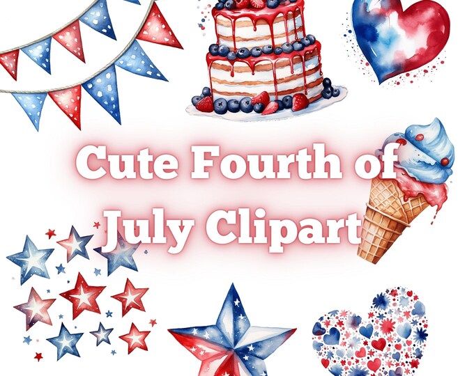 Cute 4th of July Clip Art, Watercolor Clip Art, Fourth of July Clip Art ...
