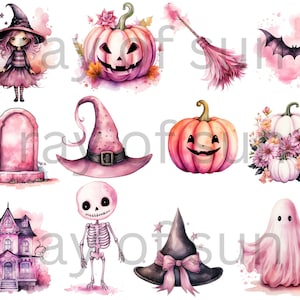 Pink Halloween Watercolor Clip Art, Halloween PNG, Cute Halloween Clip ...