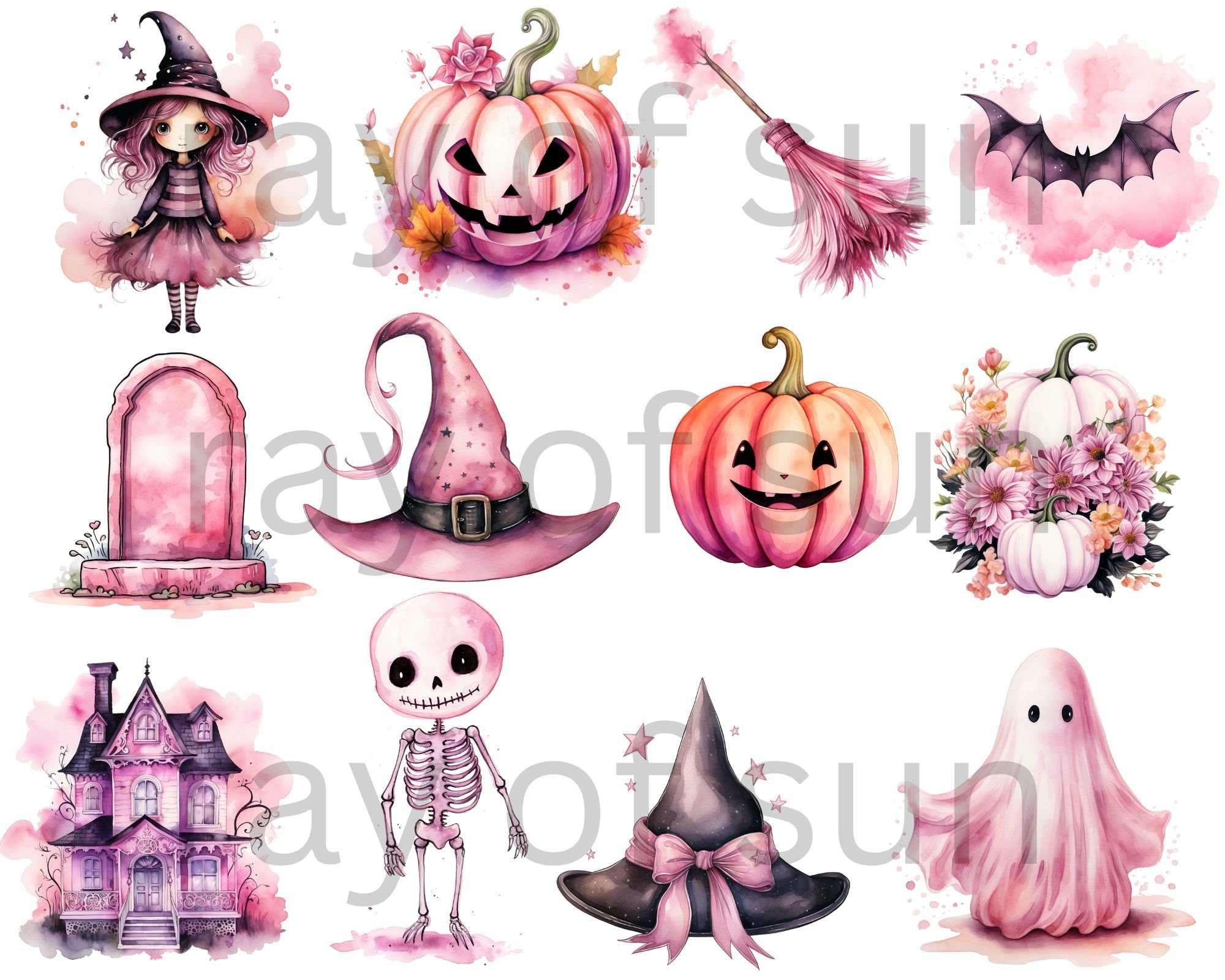 Pink Halloween Watercolor Clip Art, Halloween PNG, Cute Halloween Clip ...
