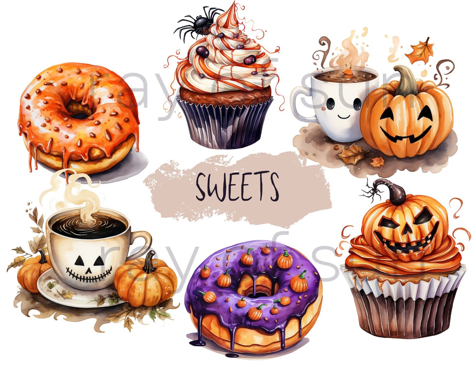 Halloween Watercolor Clip Art, Cute Halloween Clip Art, Halloween PNG ...