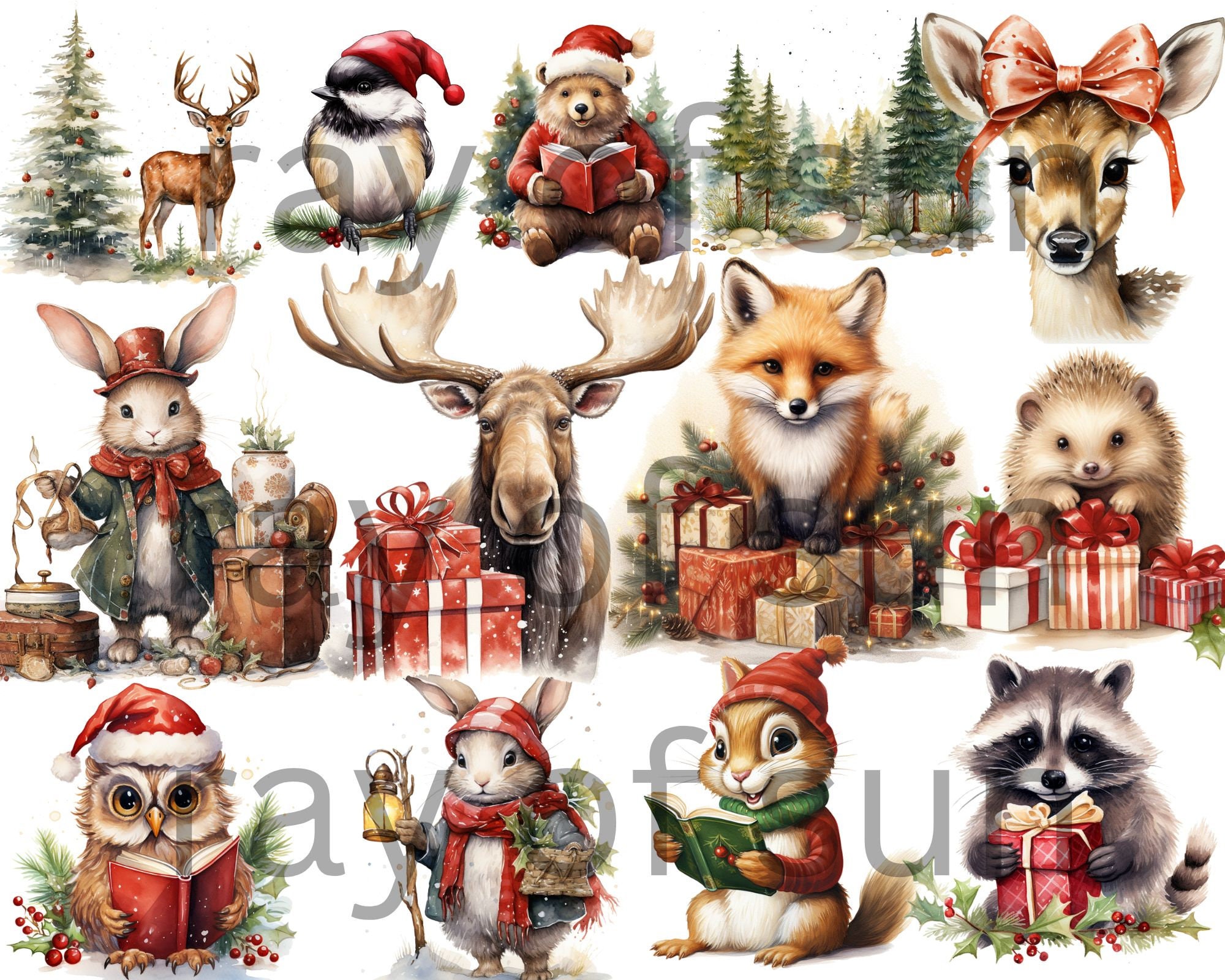 Woodland Christmas Clip Art, Storybook Holiday Clip Art, Xmas Clipart ...
