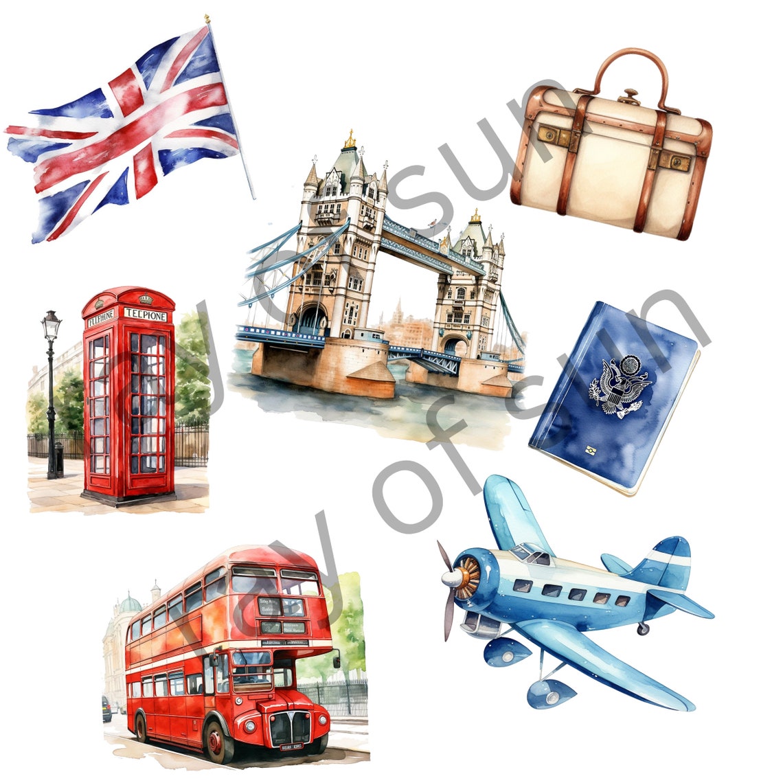 Cute London Travel Clip Art, Watercolor Clip Art, London PNG, Travel ...