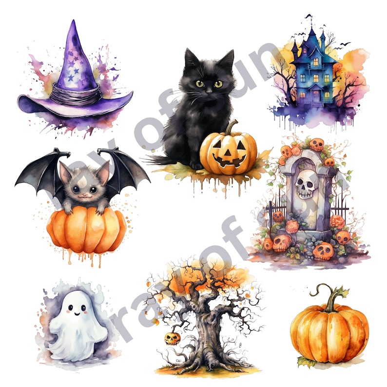 Watercolor Halloween Clip Art, Cute Halloween Clip Art, Halloween PNG ...