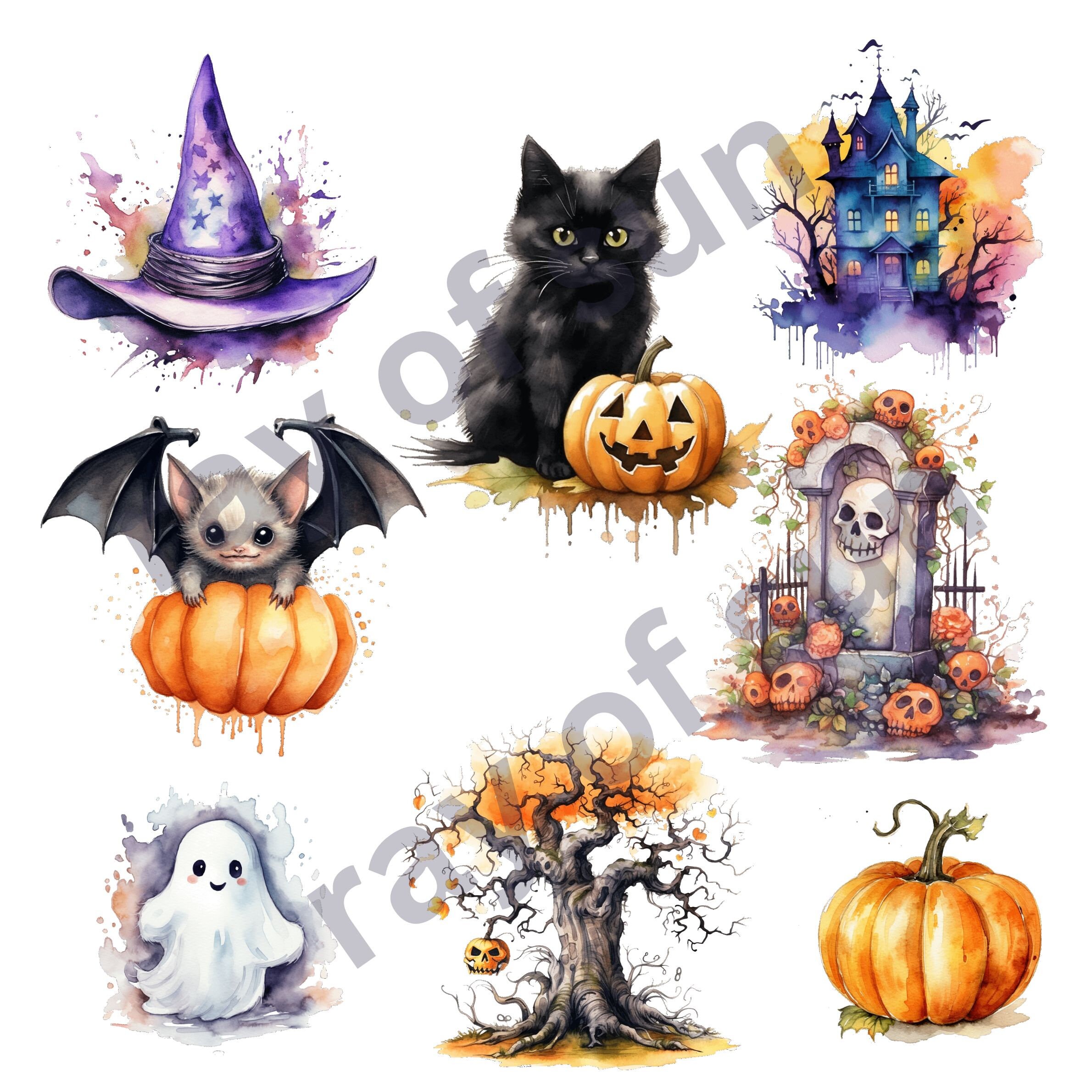 Watercolor Halloween Clip Art, Cute Halloween Clip Art, Halloween PNG ...