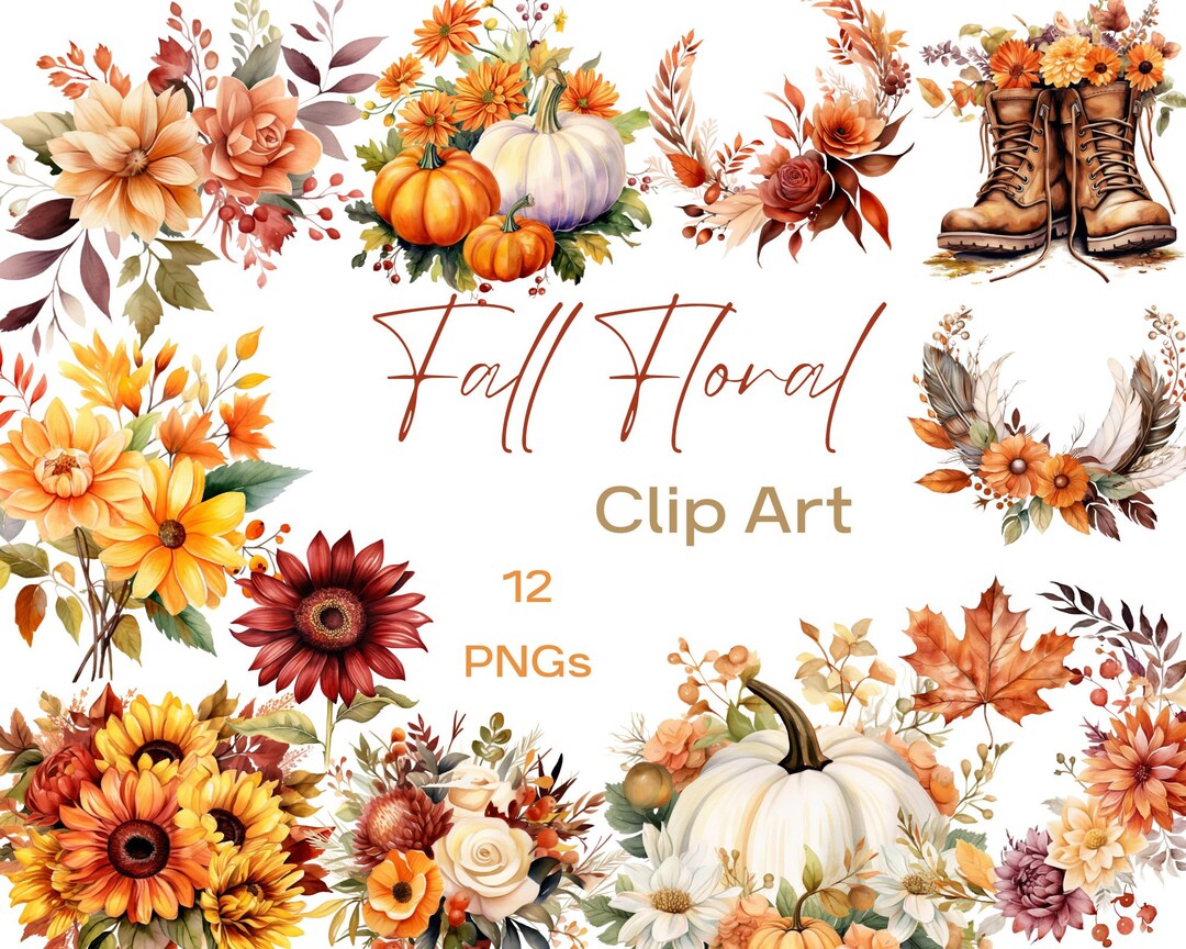 Fall Floral Clipart, Autumn Watercolor Clipart, Pumpkin PNG, Sunflower ...