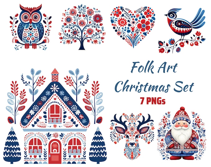 Christmas Clip Art, Folk Art Christmas PNG, Christmas PNG, Festive Clip ...