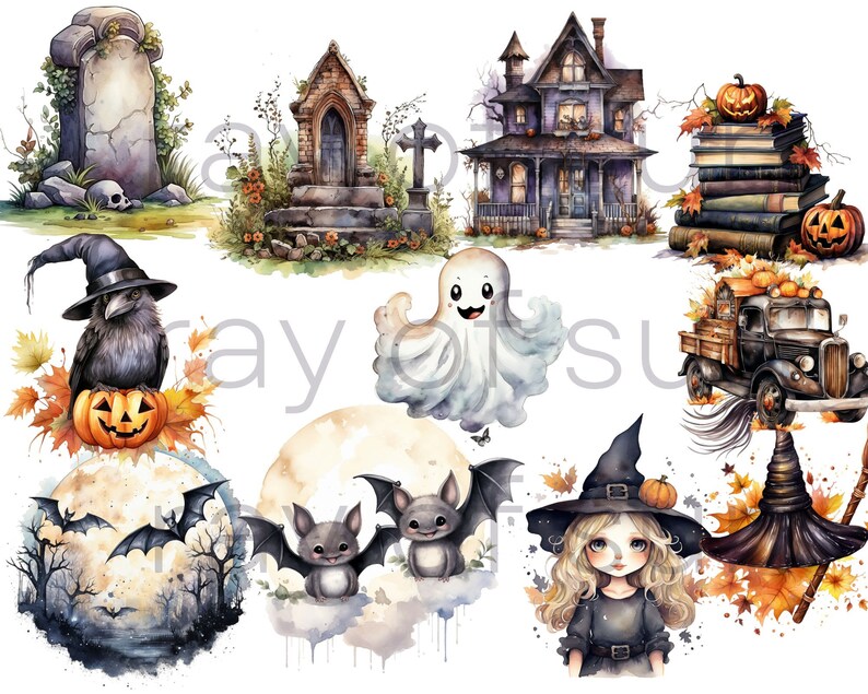 Halloween Watercolor Clip Art, Cute Halloween Clip Art, Halloween PNG ...