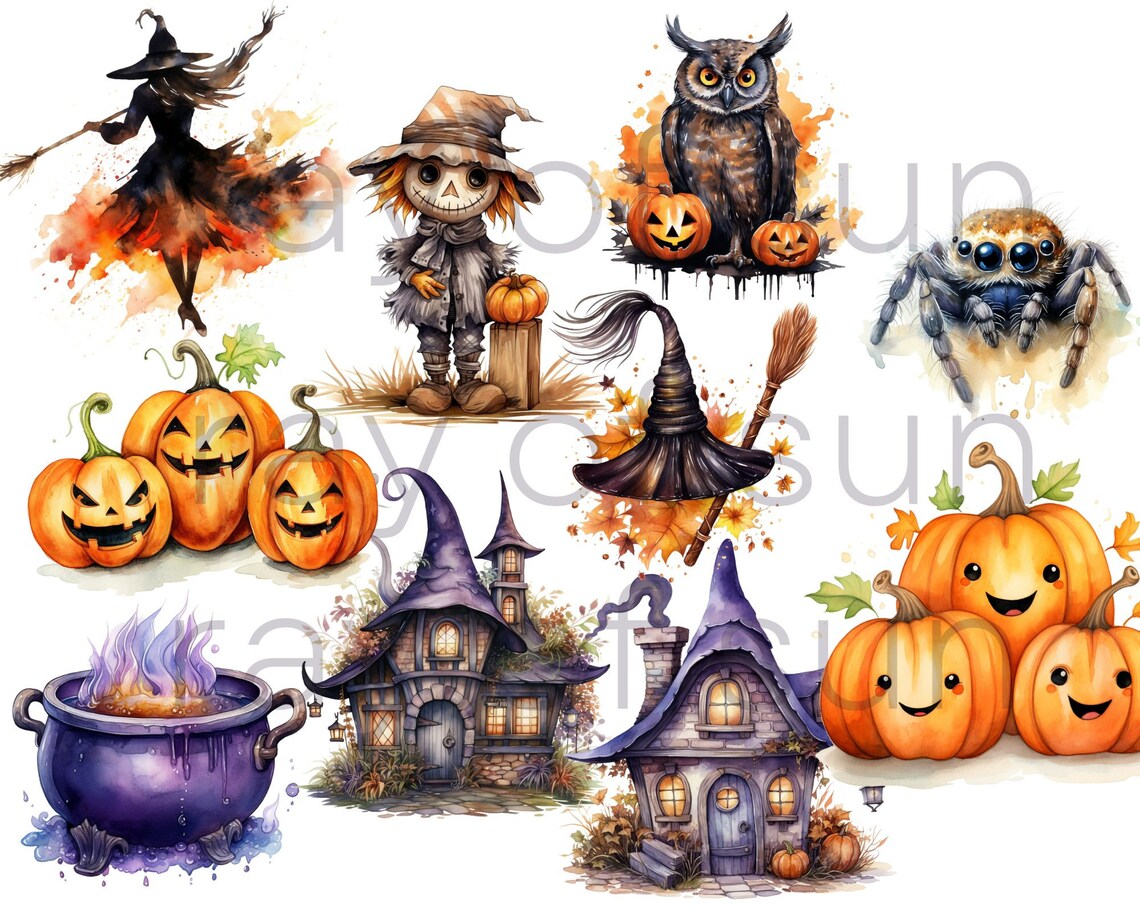 Halloween Watercolor Clip Art Cute Halloween Clip Art - Etsy