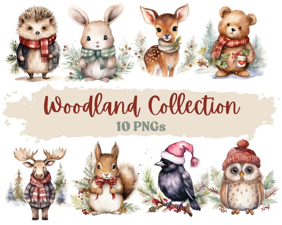 Woodland Christmas Clip Art, Watercolor PNG, Holiday Clip Art ...
