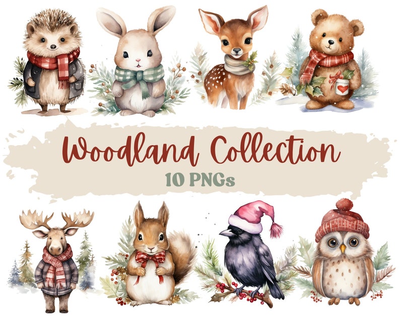 Woodland Christmas Clip Art, Watercolor PNG, Holiday Clip Art ...