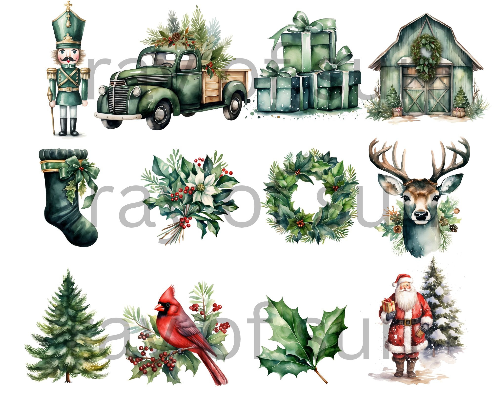 Green Christmas Clip Art, Watercolor Holiday Clip Art, Christmas PNG ...