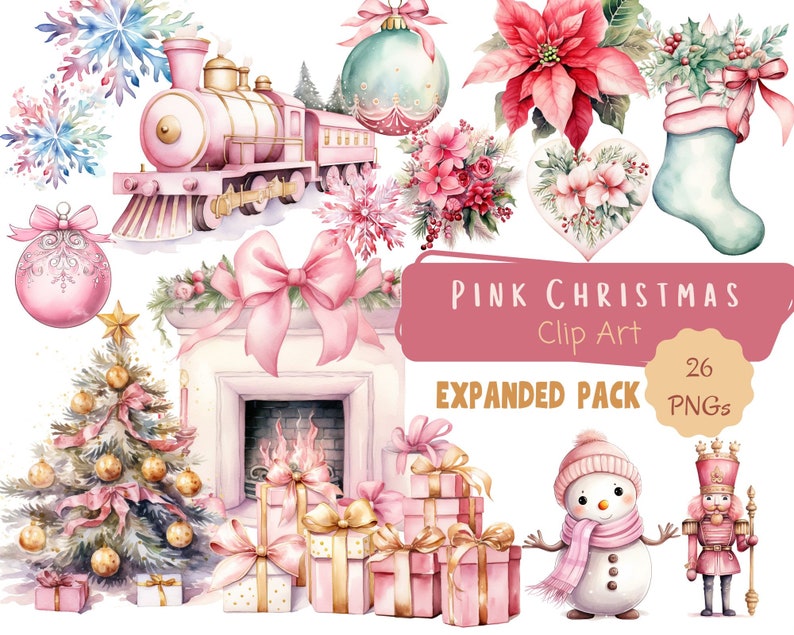 Pink Christmas Clip Art, Expanded Pack, Watercolor Holiday Clip Art ...