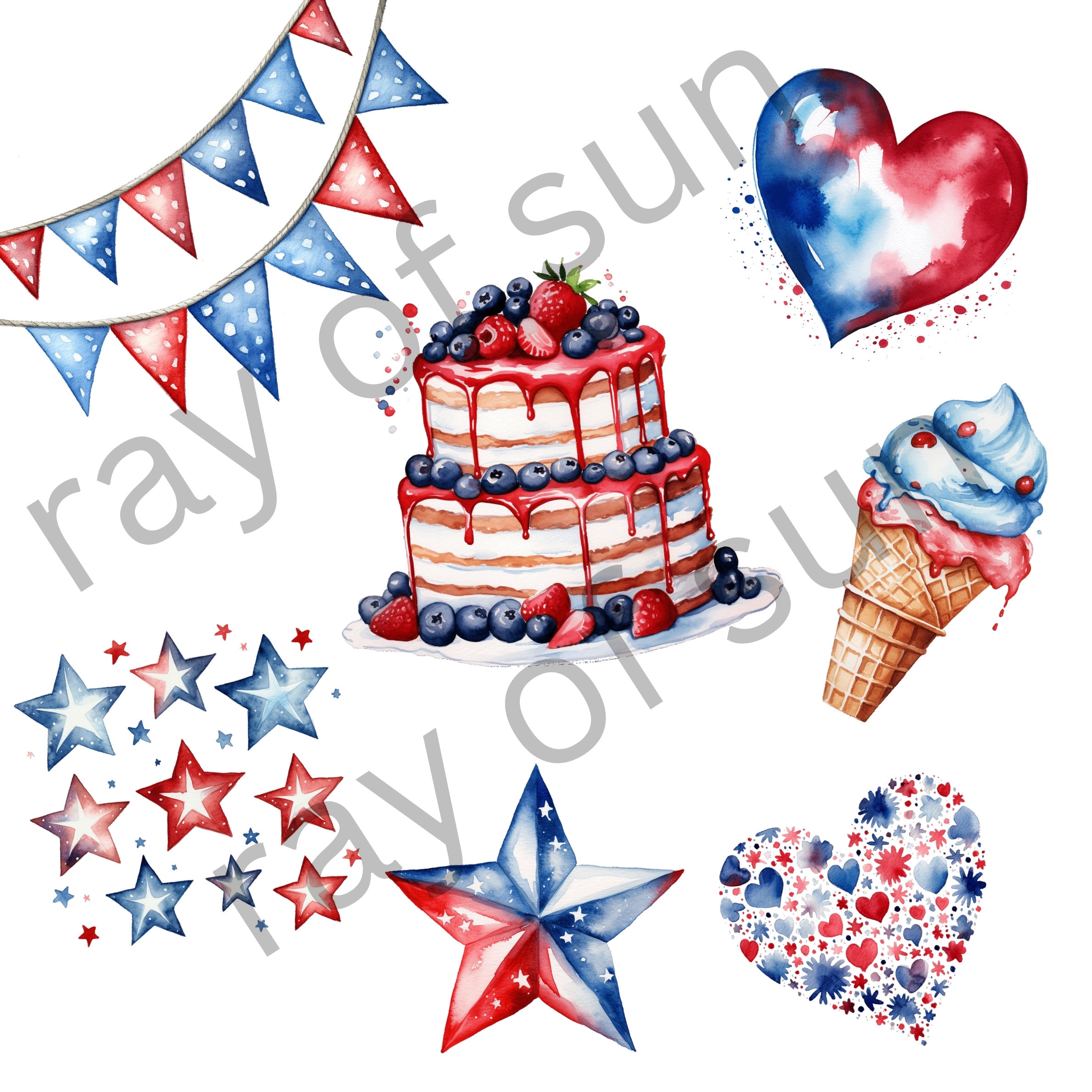 Cute 4th of July Clip Art, Watercolor Clip Art, Fourth of July Clip Art ...