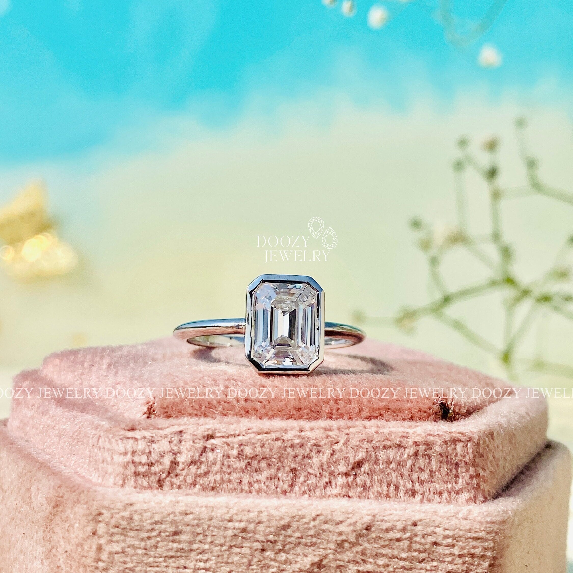 2 CT Emerald Cut Bezel Moissanite Solitaire Ring, Solid White Gold ...