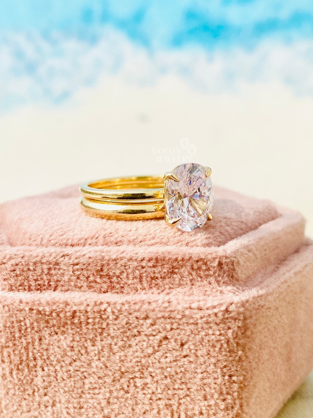 14K Gold Tone Ring Set, Oval Wedding Ring Set, 6x8mm Delicate Oval ...