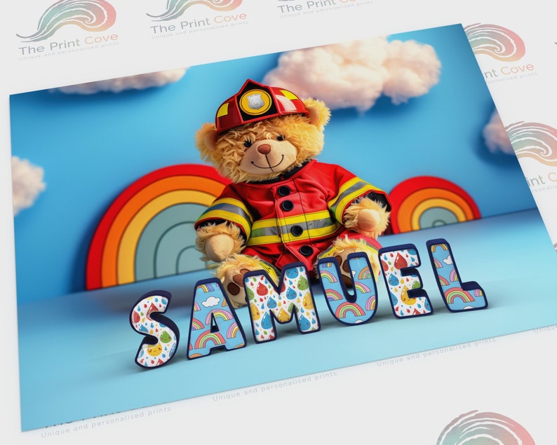 Personalised Fireman Art Teddy Bear Print Children Firefighter Rainbow ...